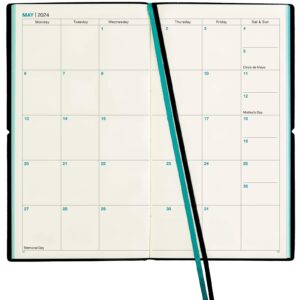 2024 Planner/Pocket Calendar 4"x7": 14 Months (Nov 2023 - Dec 2024) Weekly, Monthly Calendars, Leather Material, Elastic Closure, Decorative Stitching, Page Finder Ribbons and Notes Pages (Blue/Black)