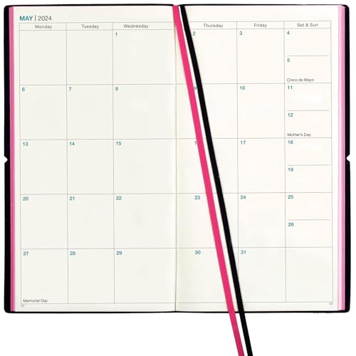 2024 Planner/Pocket Calendar 4"x7": 14 Months (Nov 2023 - Dec 2024) Weekly, Monthly Calendars, Leather Material, Elastic Closure, Decorative Stitching, Page Finder Ribbons and Notes Pages (Pink/Black)