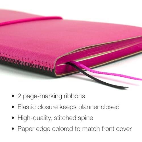 2024 Planner/Pocket Calendar 4"x7": 14 Months (Nov 2023 - Dec 2024) Weekly, Monthly Calendars, Leather Material, Elastic Closure, Decorative Stitching, Page Finder Ribbons and Notes Pages (Pink/Black)