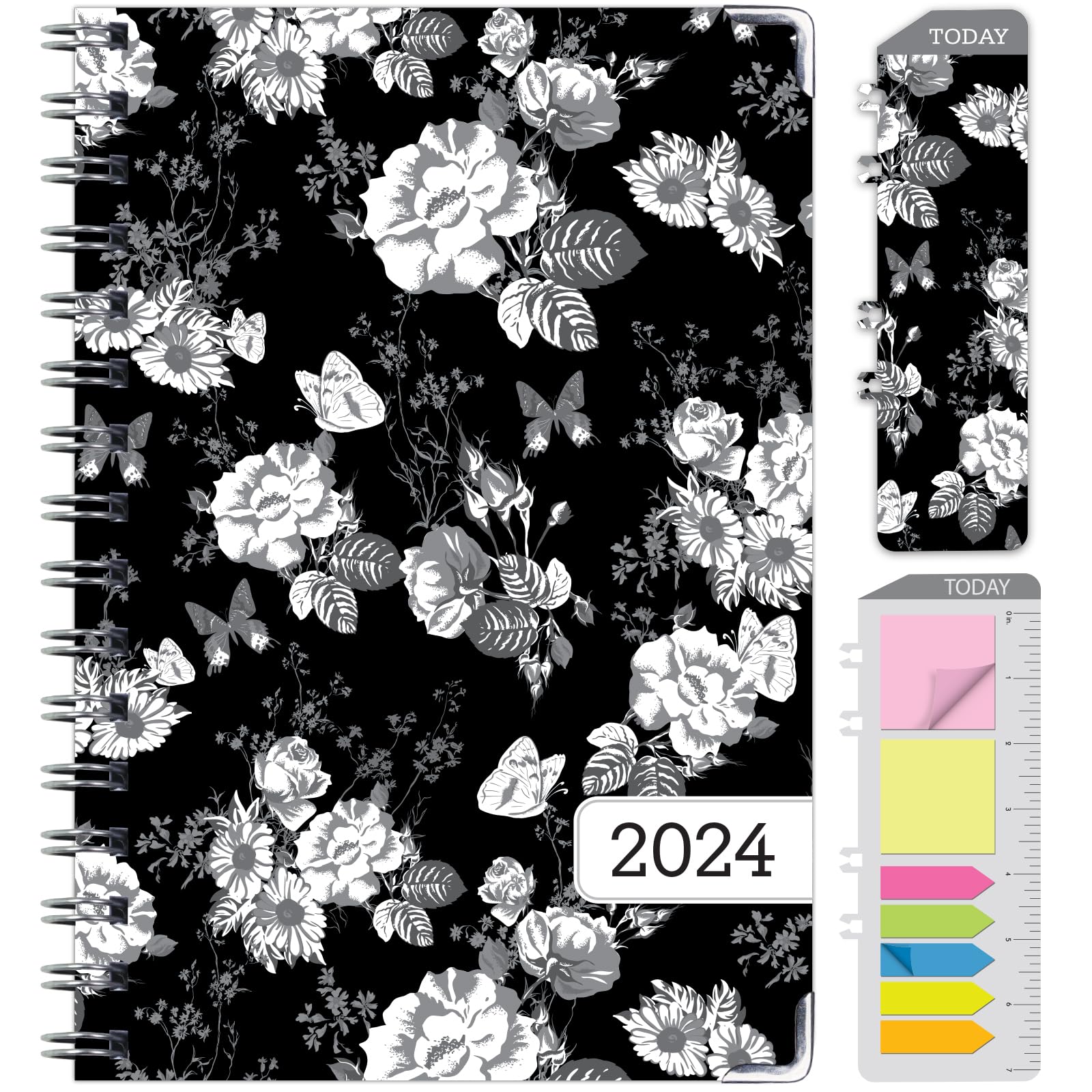 HARDCOVER 2024 Planner: (November 2023 Through December 2024) 5.5"x8" Daily Weekly Monthly Planner Yearly Agenda. Bookmark, Pocket Folder and Sticky Note Set (Monochrome Floral)