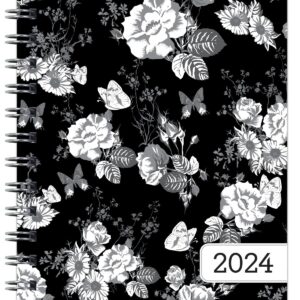 HARDCOVER 2024 Planner: (November 2023 Through December 2024) 5.5"x8" Daily Weekly Monthly Planner Yearly Agenda. Bookmark, Pocket Folder and Sticky Note Set (Monochrome Floral)