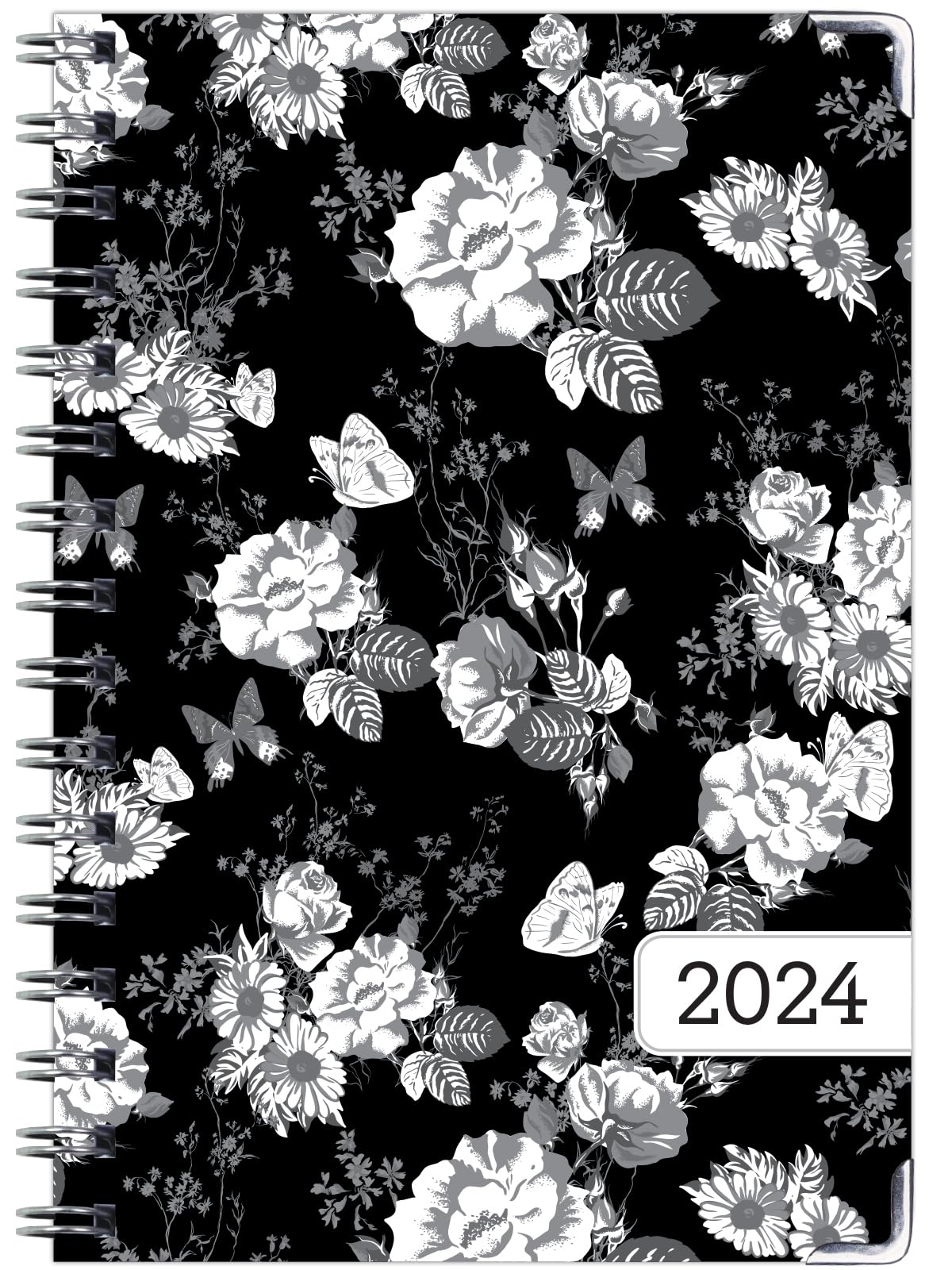 HARDCOVER 2024 Planner: (November 2023 Through December 2024) 5.5"x8" Daily Weekly Monthly Planner Yearly Agenda. Bookmark, Pocket Folder and Sticky Note Set (Monochrome Floral)