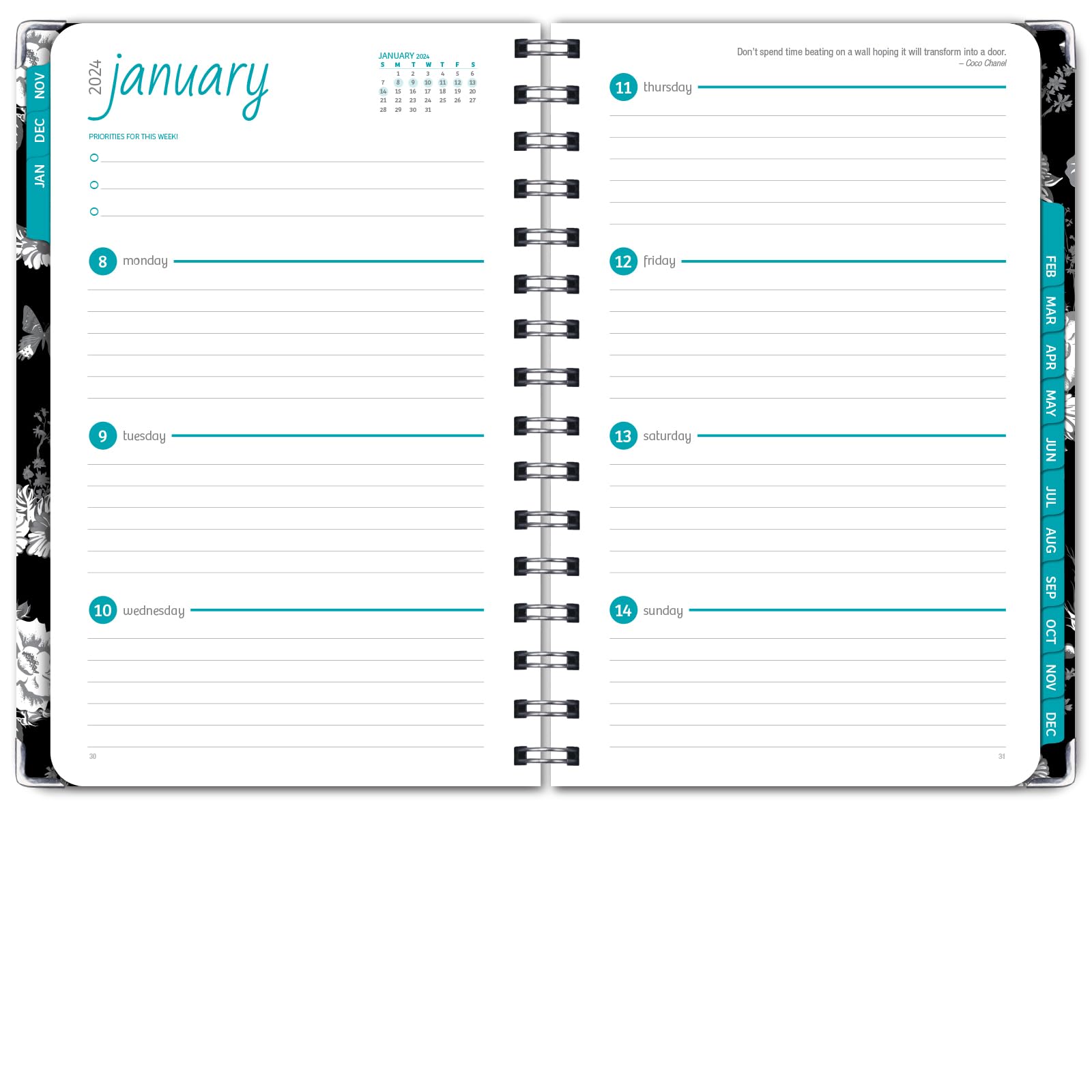 HARDCOVER 2024 Planner: (November 2023 Through December 2024) 5.5"x8" Daily Weekly Monthly Planner Yearly Agenda. Bookmark, Pocket Folder and Sticky Note Set (Monochrome Floral)