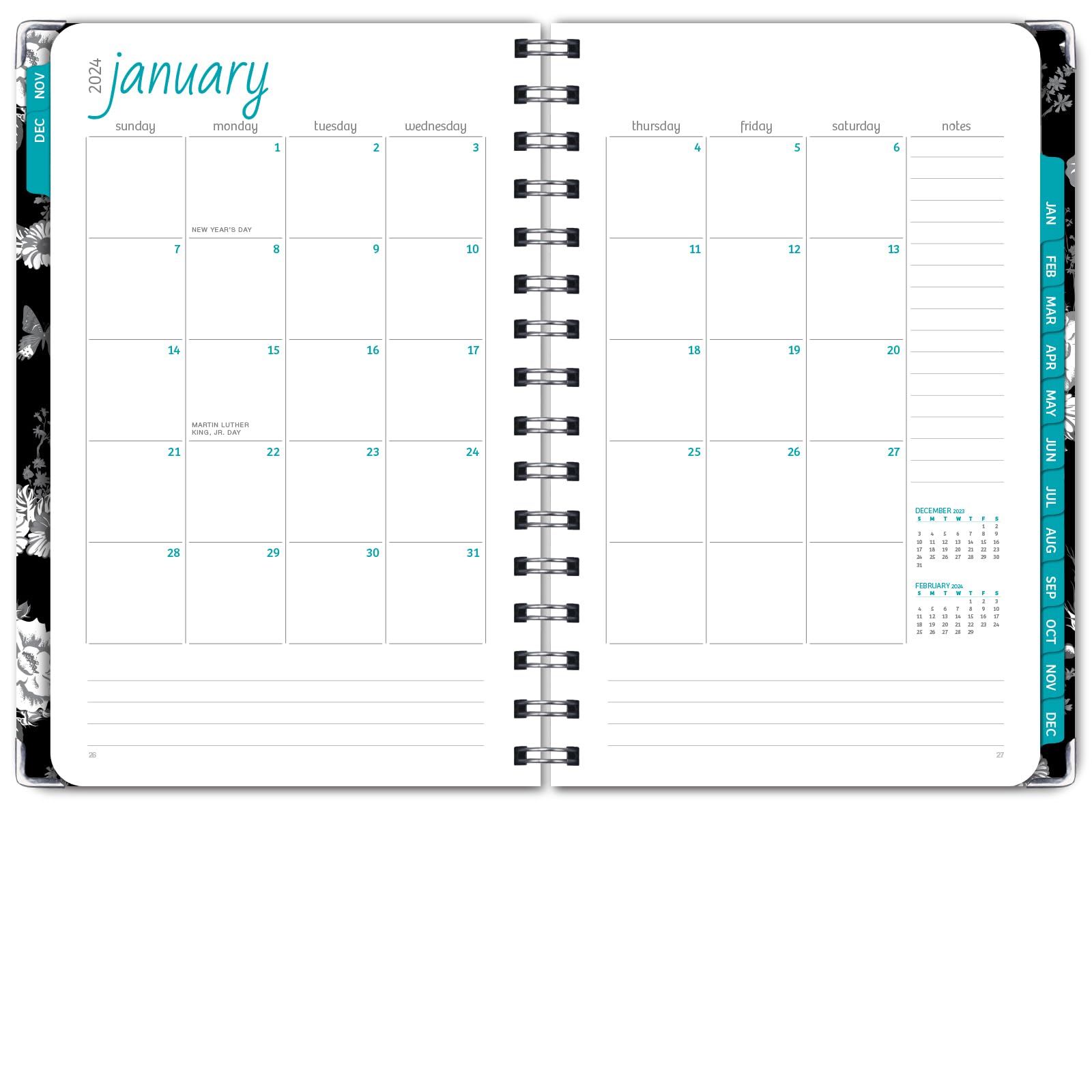 HARDCOVER 2024 Planner: (November 2023 Through December 2024) 5.5"x8" Daily Weekly Monthly Planner Yearly Agenda. Bookmark, Pocket Folder and Sticky Note Set (Monochrome Floral)