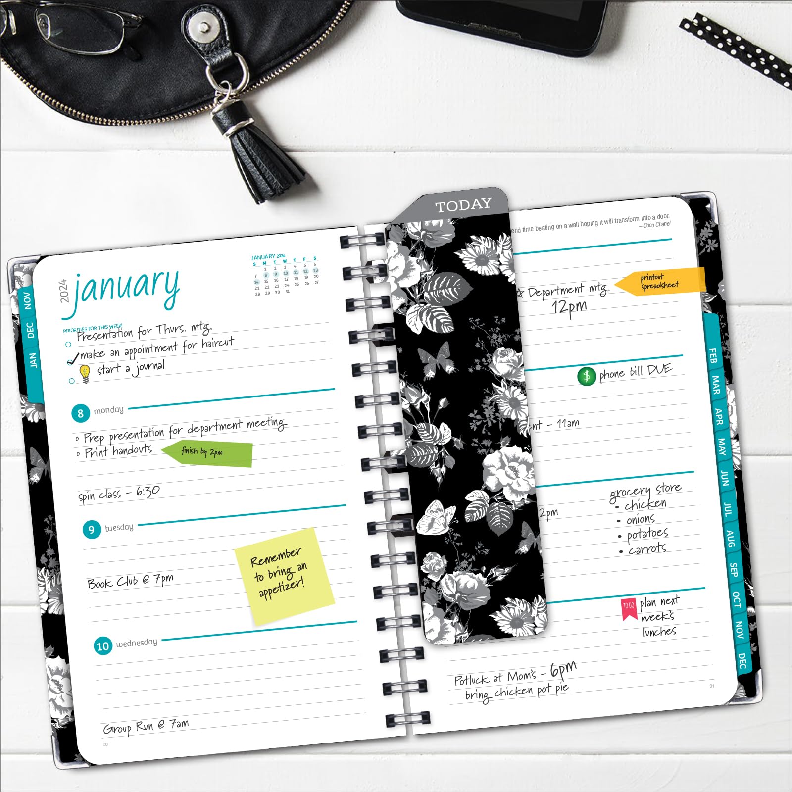 HARDCOVER 2024 Planner: (November 2023 Through December 2024) 5.5"x8" Daily Weekly Monthly Planner Yearly Agenda. Bookmark, Pocket Folder and Sticky Note Set (Monochrome Floral)