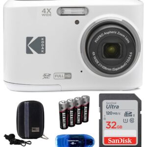 KODAK Pixpro FZ45 Digital Camera Bundle, Includes: SanDisk 32GB Memory Card, Spare Batteries, Hard Shell Camera Case and Card Reader (5 Items) (White)