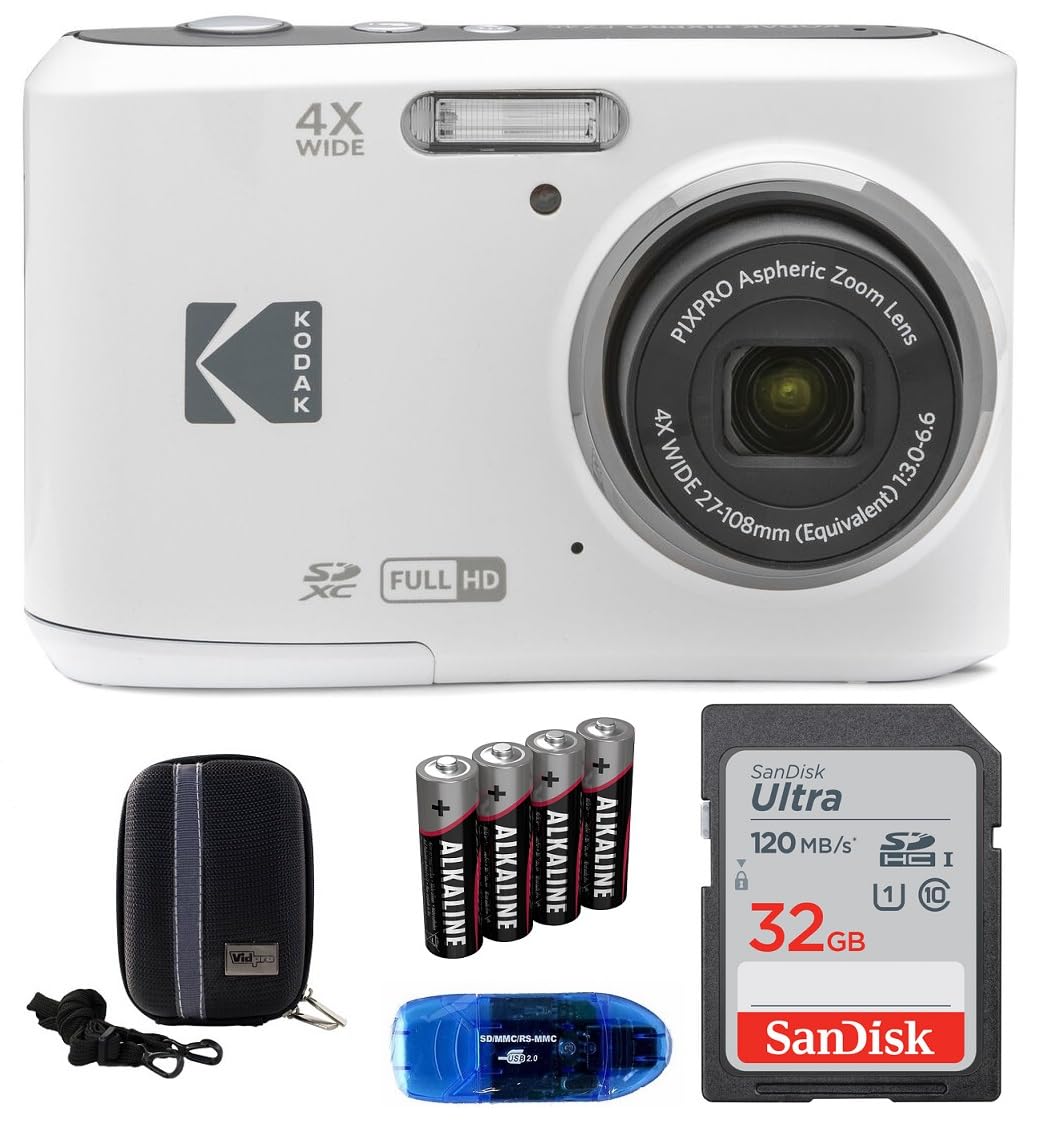 KODAK Pixpro FZ45 Digital Camera Bundle, Includes: SanDisk 32GB Memory Card, Spare Batteries, Hard Shell Camera Case and Card Reader (5 Items) (White)