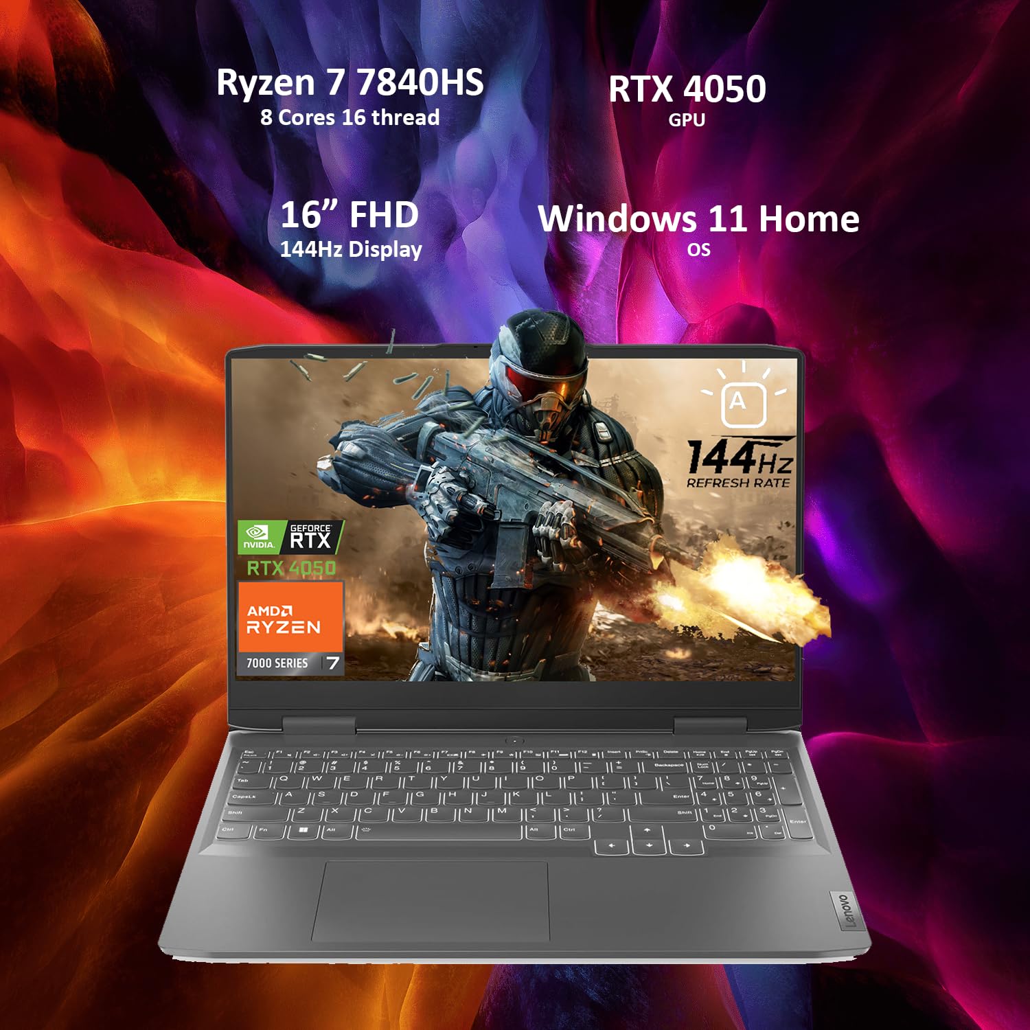 Lenovo LOQ 16" 144Hz WUXGA Gaming Laptop, GeForce RTX 4050, AMD Ryzen 7 7840HS (> i7-12700H), 64GB DDR5 RAM, 2TB PCIe SSD, Webcam, Backlit Keyboard, RJ-45, Wi-Fi 6, Windows 11 Home, Grey