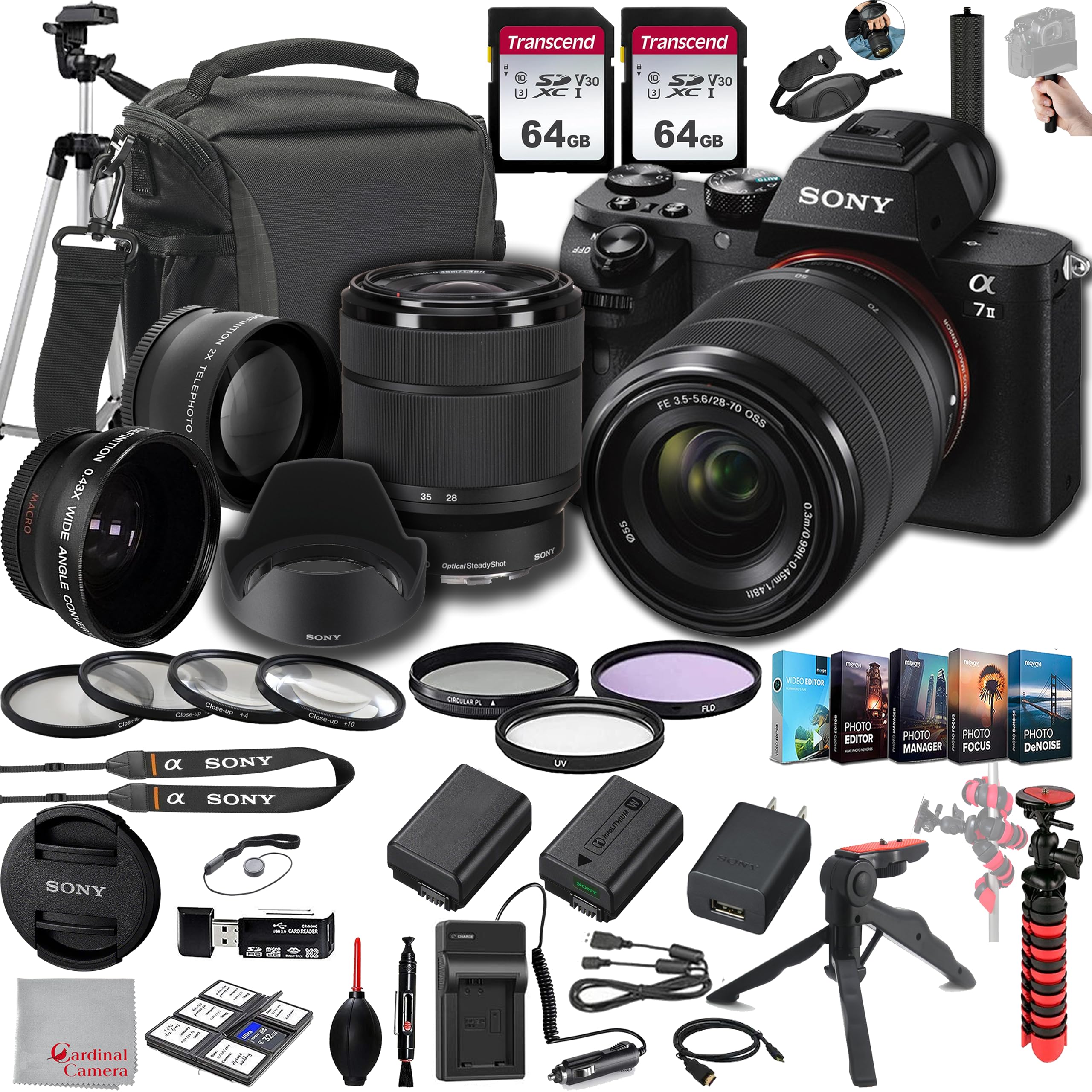 Sony a7 II Mirrorless Digital Camera 24MP w/ 28-70mmmm Lens, 128GB Memory,.43 Wide & 2X Lenses, Case. Tripod, Filters, Hood, Grip,Spare Battery & Charger, Software Kit -Deluxe Bundle