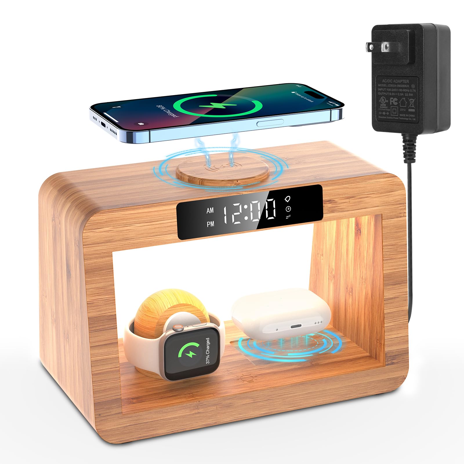 HQOBZX Bamboo Wireless Charging Station: Fast Charger with Alarm Clock, Night Light - iPhone 15/14/13/12/11 Pro Max/X/Xs Max/8, AirPods Pro, iWatch Series SE - 3-in-1 Dock for Multiple Devices