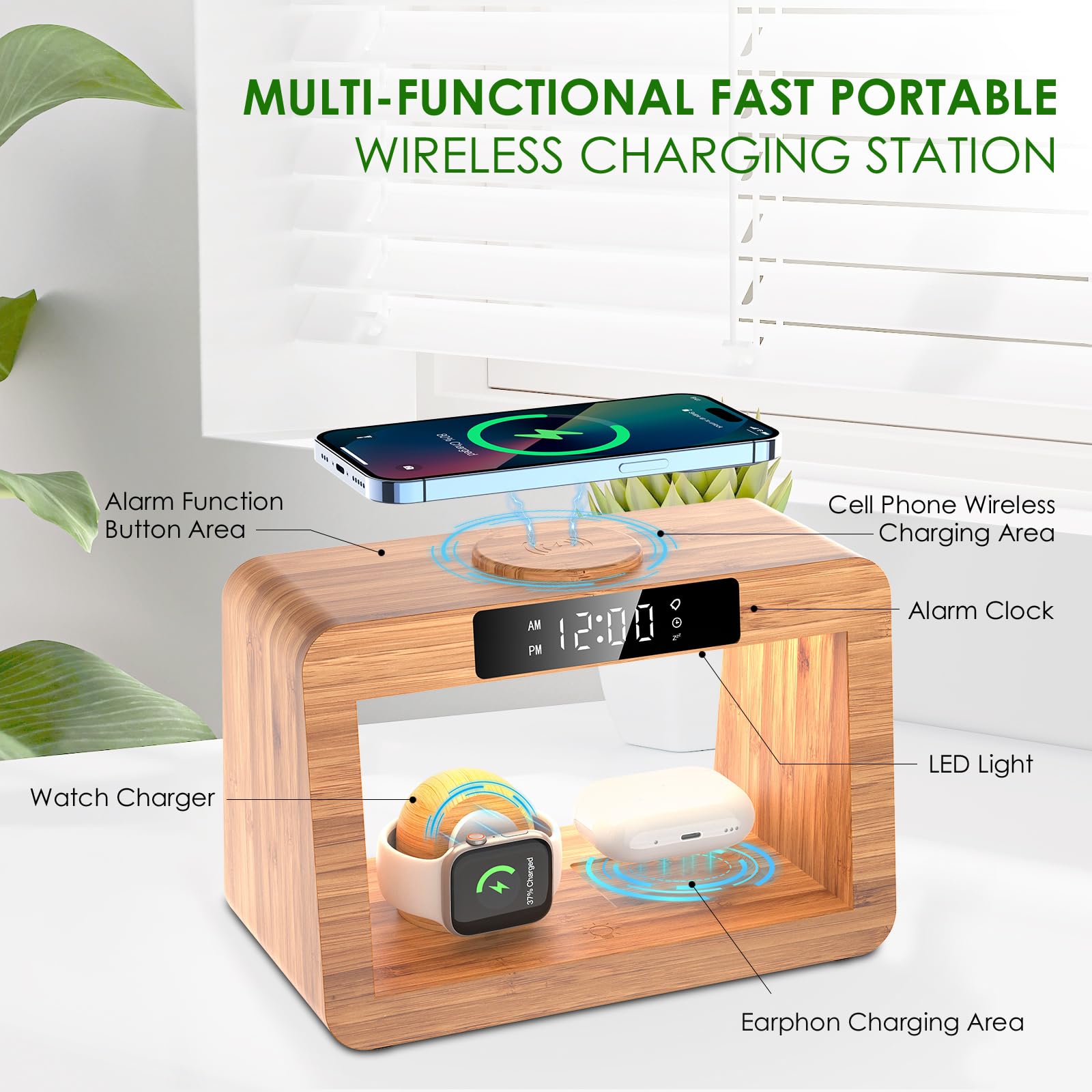 HQOBZX Bamboo Wireless Charging Station: Fast Charger with Alarm Clock, Night Light - iPhone 15/14/13/12/11 Pro Max/X/Xs Max/8, AirPods Pro, iWatch Series SE - 3-in-1 Dock for Multiple Devices