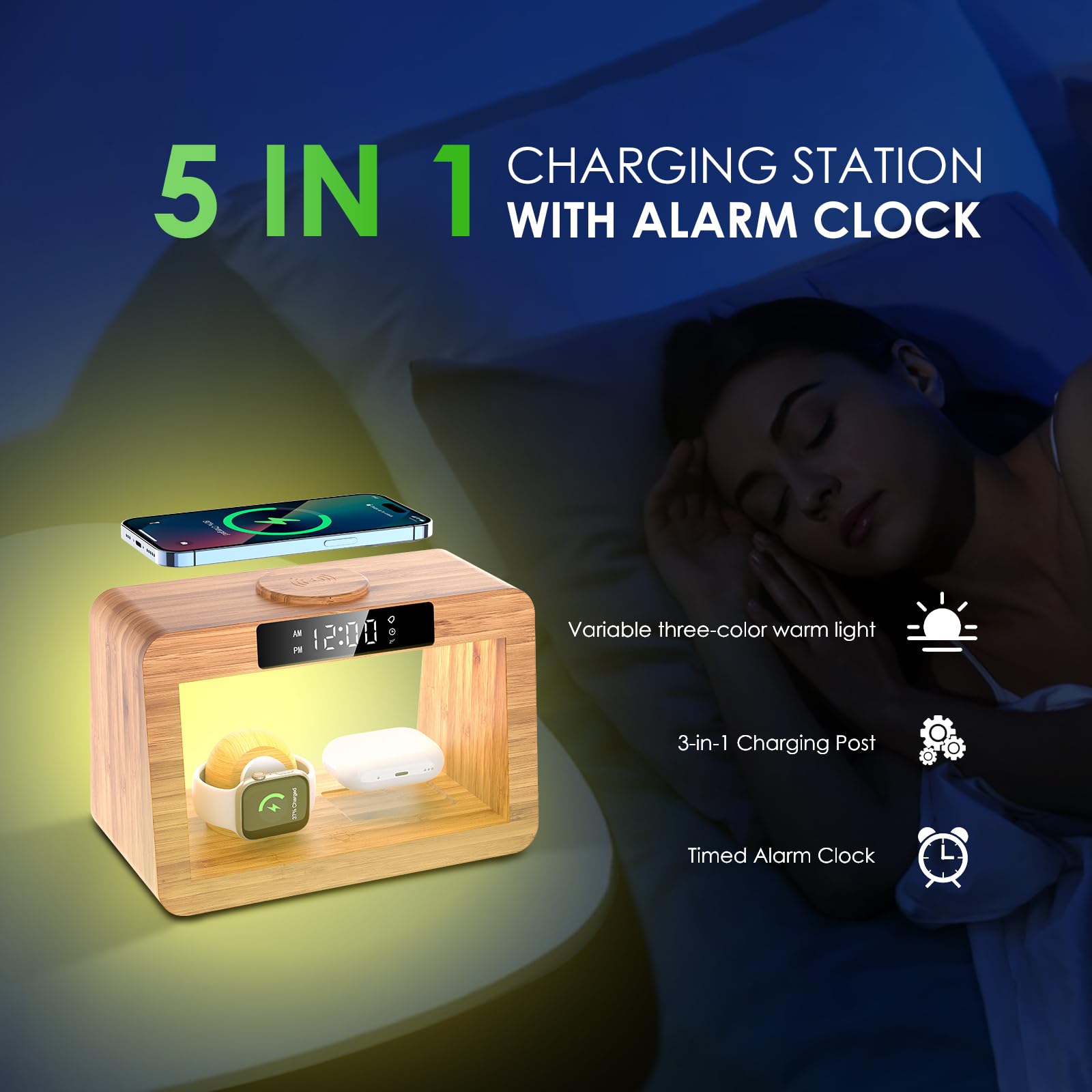 HQOBZX Bamboo Wireless Charging Station: Fast Charger with Alarm Clock, Night Light - iPhone 15/14/13/12/11 Pro Max/X/Xs Max/8, AirPods Pro, iWatch Series SE - 3-in-1 Dock for Multiple Devices