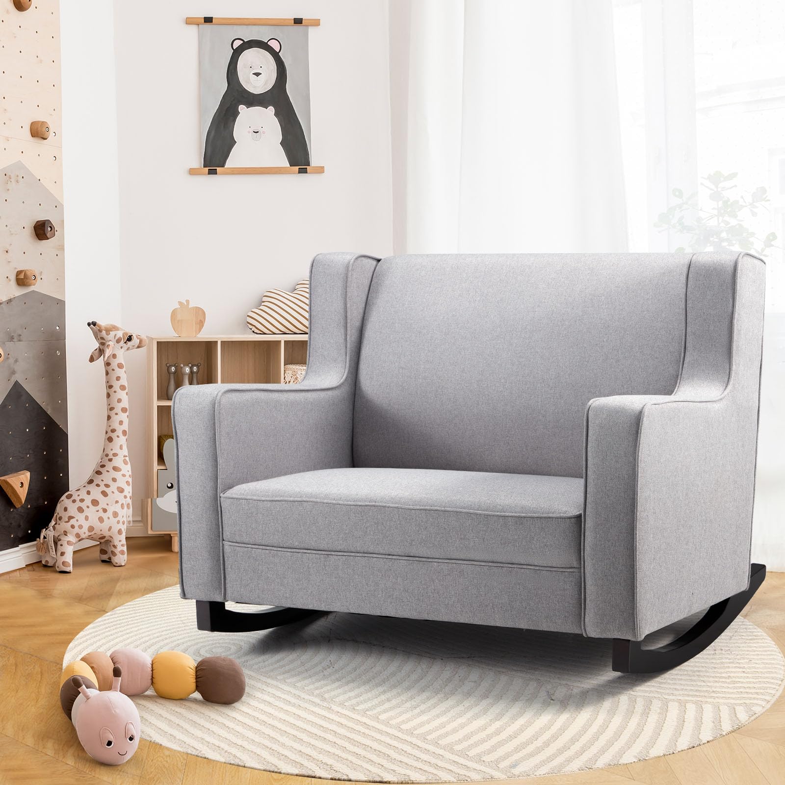 Esright Nursey Rocking Chair, Extra Wide Wingback Tufted Upholstered Chair, Baby Rocker for Nursery Comfortable Relax Glider Chair and A Half, Light Grey