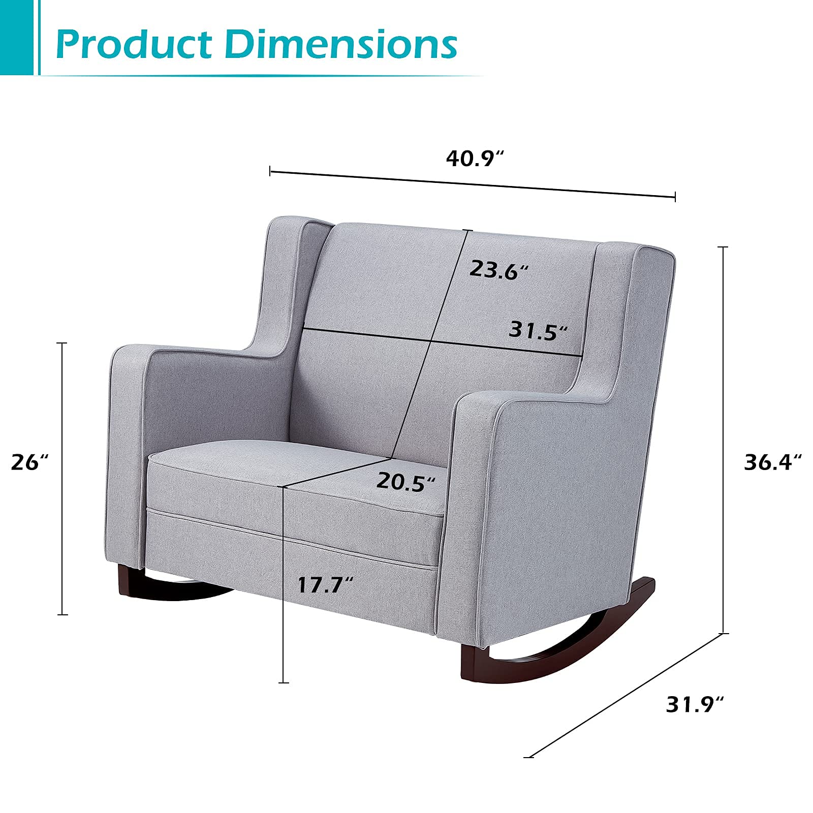 Esright Nursey Rocking Chair, Extra Wide Wingback Tufted Upholstered Chair, Baby Rocker for Nursery Comfortable Relax Glider Chair and A Half, Light Grey