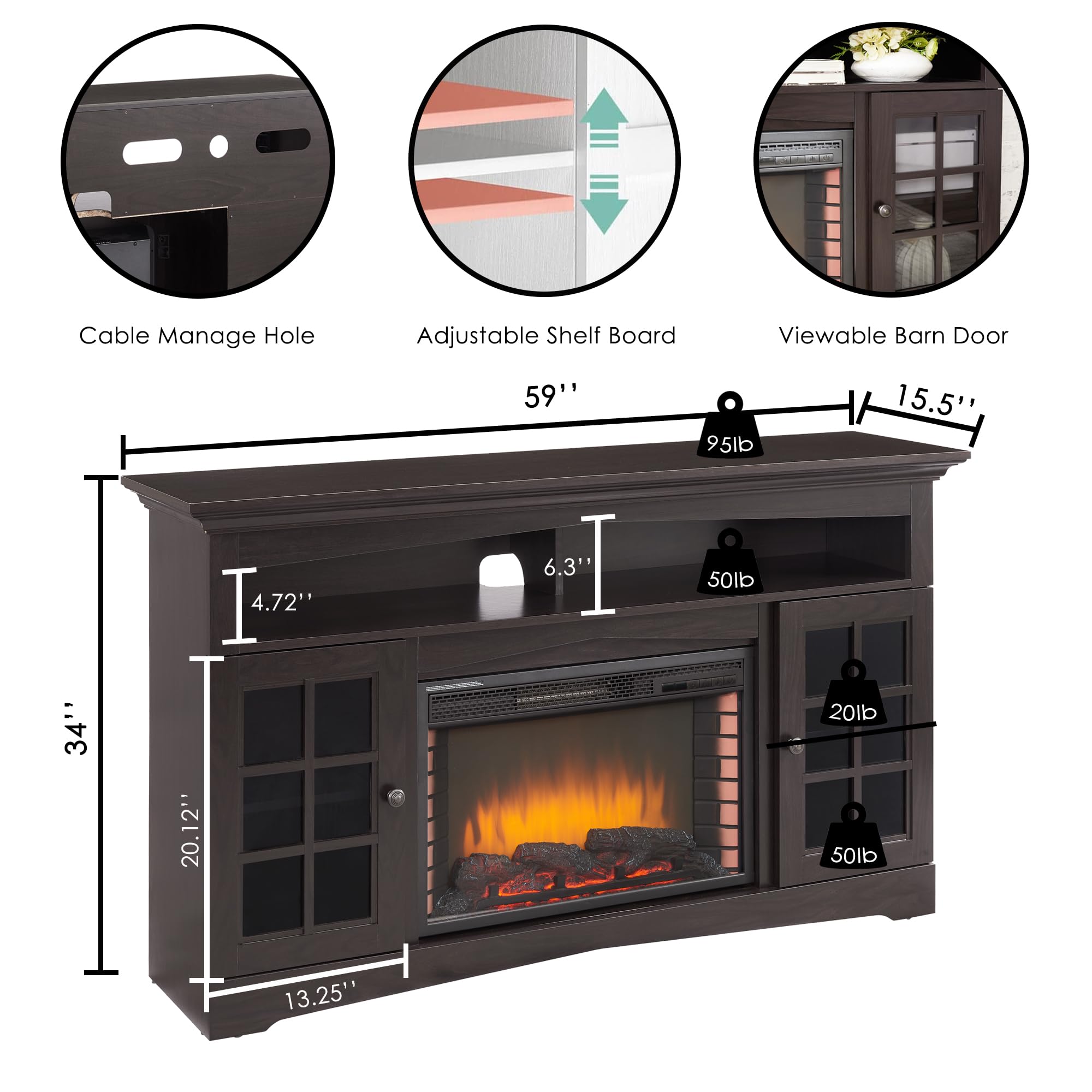 Unineo Fireplace TV Stand up to 65 Inch TVs with 27‘’ Electric Fireplace Insert, Traditional Entertainment Center Media Console with Storage Cabinets, Adjustable Flame Effects, Remote Control, Brown