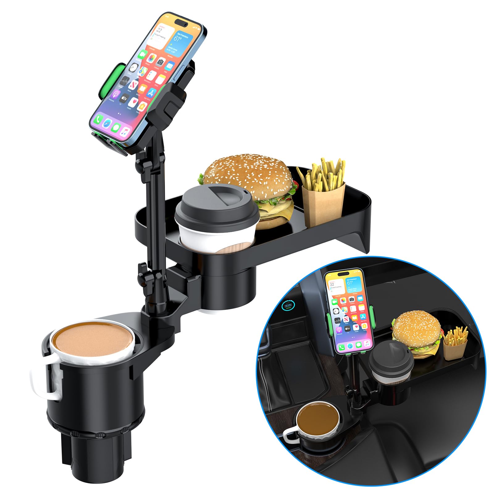 Car Cup Holder Tray with Phone Mount, 4 in 1 Detachable Car Cup Holder Food Tray Expander with Solid Base, Two Cup Holders, Food Tray and Phone Mount, Road Trip Essentials for iPhone 15 and Smartphone