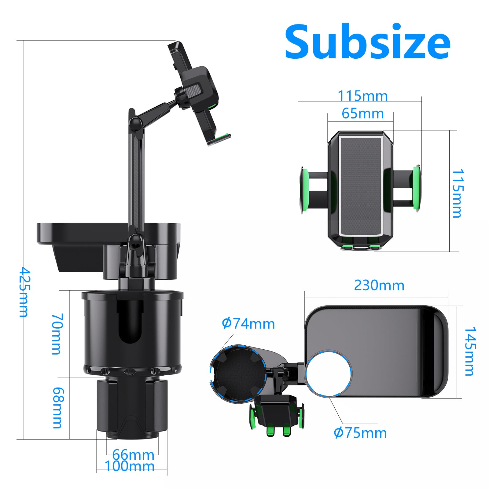 Car Cup Holder Tray with Phone Mount, 4 in 1 Detachable Car Cup Holder Food Tray Expander with Solid Base, Two Cup Holders, Food Tray and Phone Mount, Road Trip Essentials for iPhone 15 and Smartphone