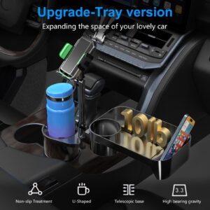 Car Cup Holder Tray with Phone Mount, 4 in 1 Detachable Car Cup Holder Food Tray Expander with Solid Base, Two Cup Holders, Food Tray and Phone Mount, Road Trip Essentials for iPhone 15 and Smartphone