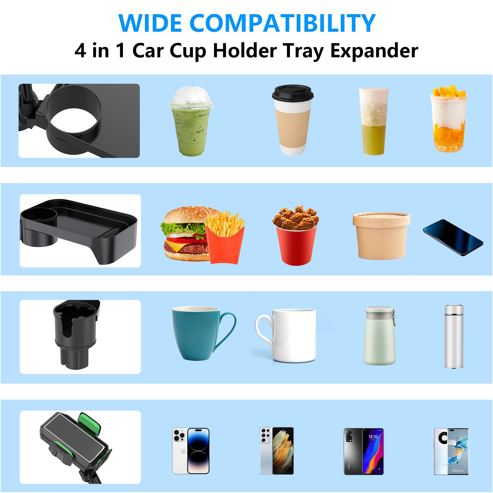 Car Cup Holder Tray with Phone Mount, 4 in 1 Detachable Car Cup Holder Food Tray Expander with Solid Base, Two Cup Holders, Food Tray and Phone Mount, Road Trip Essentials for iPhone 15 and Smartphone