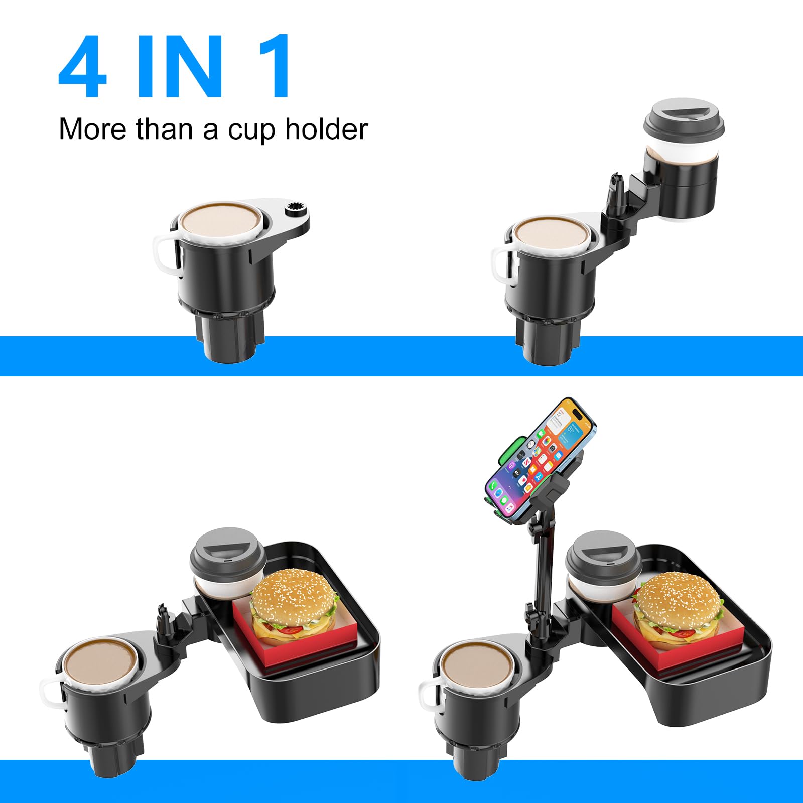 Car Cup Holder Tray with Phone Mount, 4 in 1 Detachable Car Cup Holder Food Tray Expander with Solid Base, Two Cup Holders, Food Tray and Phone Mount, Road Trip Essentials for iPhone 15 and Smartphone