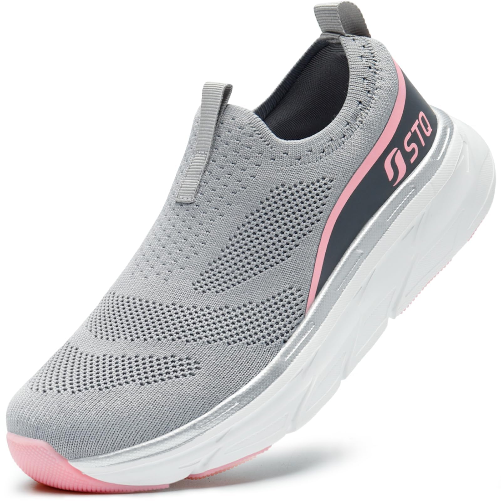 STQ Slip on Sneakers Women Cushioned Walking Shoes Arch Support Orthopedic Shoes Supportive Comfortable Grey Pink 8 US