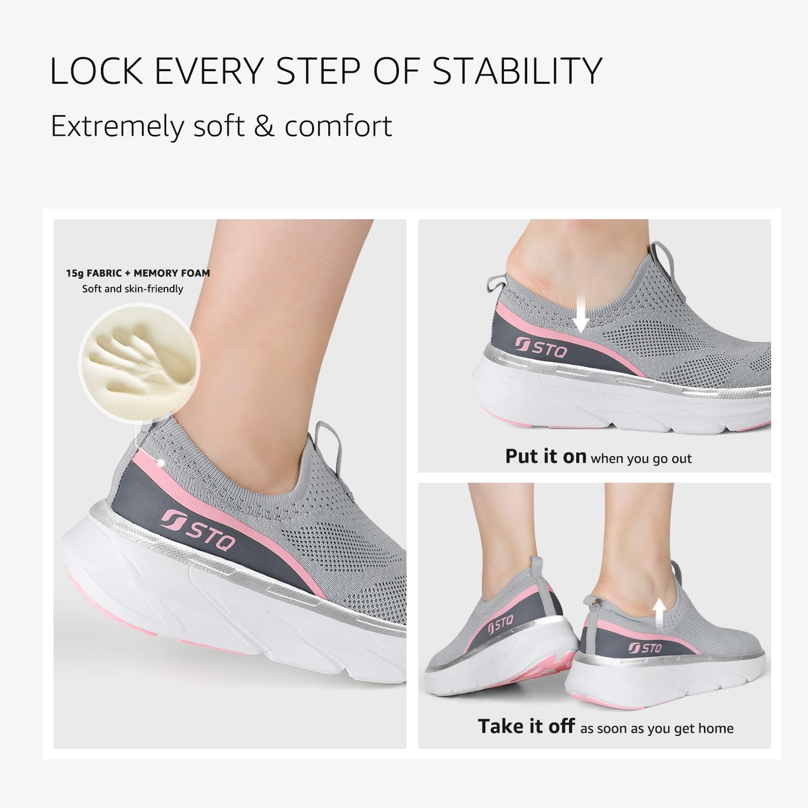 STQ Slip on Sneakers Women Cushioned Walking Shoes Arch Support Orthopedic Shoes Supportive Comfortable Grey Pink 8 US