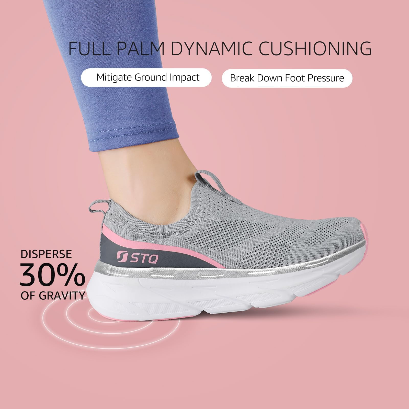 STQ Slip on Sneakers Women Cushioned Walking Shoes Arch Support Orthopedic Shoes Supportive Comfortable Grey Pink 8 US