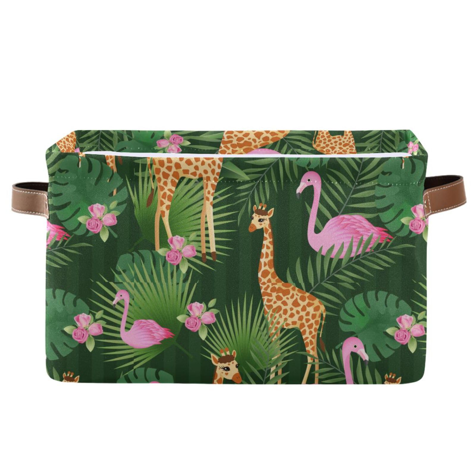 Tropical Flamingo Giraffe Storage Basket Collapsible Storage Bins Cubes Box Fabric Toy Chest Clothes Hamper Gift Baskets for Shelves Home Office Nursery Shoes with Leather Handles