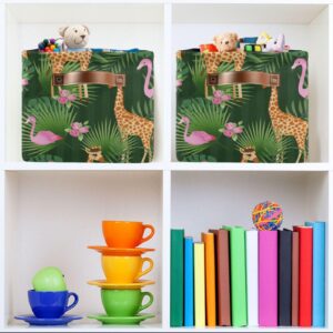 Tropical Flamingo Giraffe Storage Basket Collapsible Storage Bins Cubes Box Fabric Toy Chest Clothes Hamper Gift Baskets for Shelves Home Office Nursery Shoes with Leather Handles