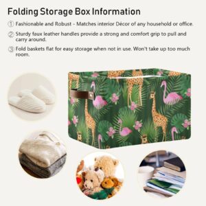 Tropical Flamingo Giraffe Storage Basket Collapsible Storage Bins Cubes Box Fabric Toy Chest Clothes Hamper Gift Baskets for Shelves Home Office Nursery Shoes with Leather Handles