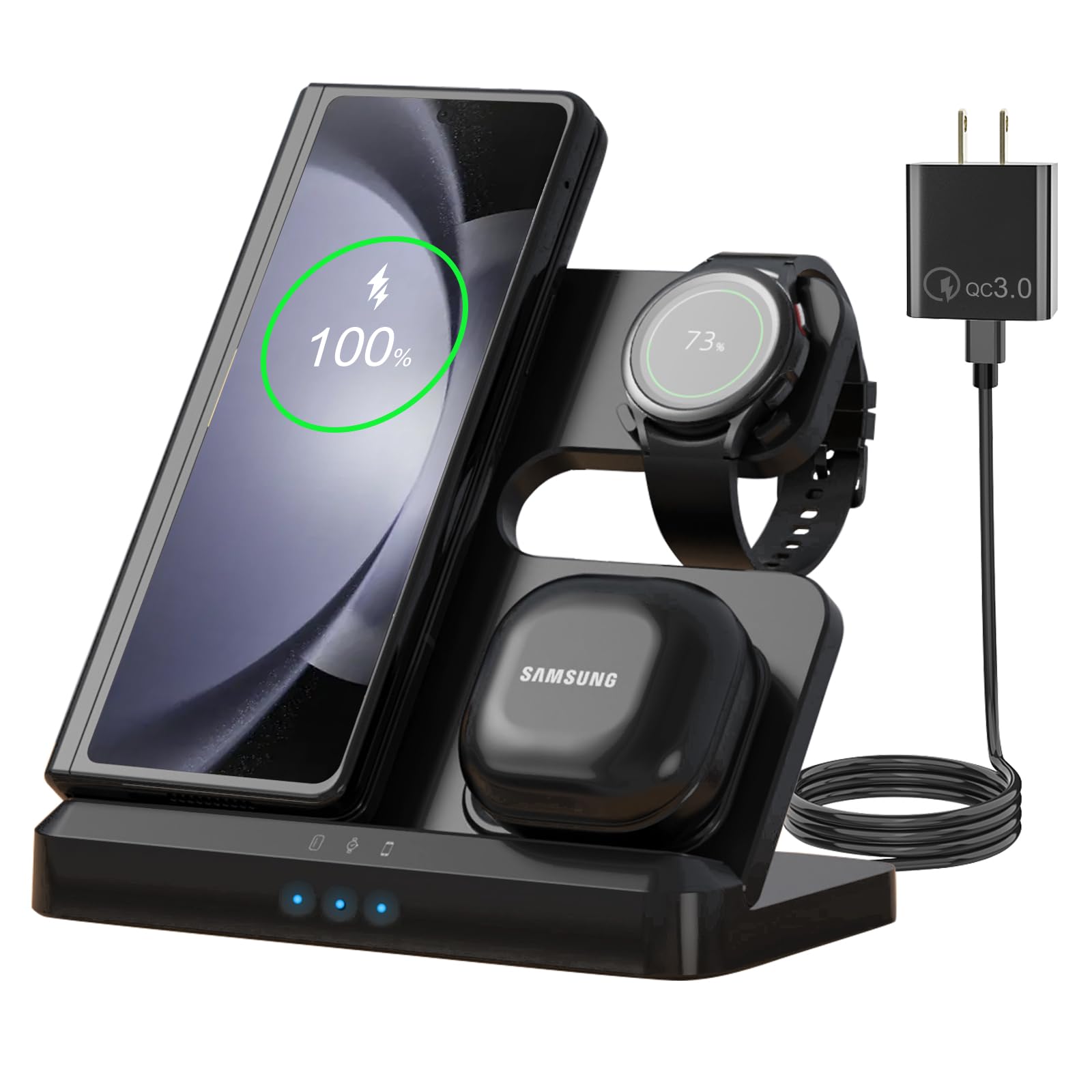 Wireless Charger for Samsung,3 in 1 Fast Wireless Charging Station for Samsung Galaxy S24 S23 Ultra S23 S22 Z Fold5/4 Z Flip5/4,Wireless Watch Charger Galaxy Watch 6 Classic 5pro/4,Galaxy Buds Black