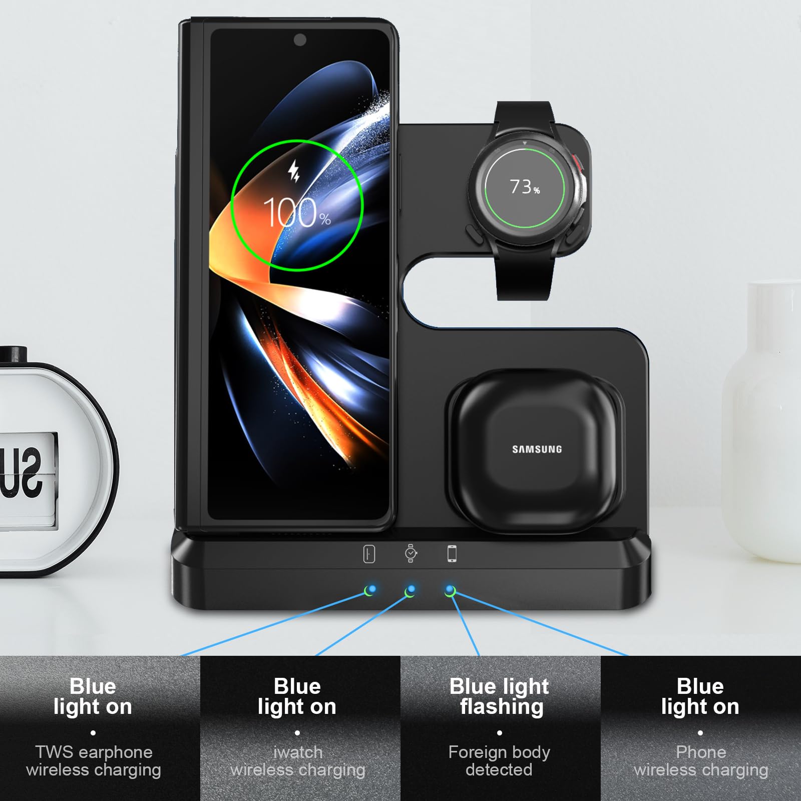 Wireless Charger for Samsung,3 in 1 Fast Wireless Charging Station for Samsung Galaxy S24 S23 Ultra S23 S22 Z Fold5/4 Z Flip5/4,Wireless Watch Charger Galaxy Watch 6 Classic 5pro/4,Galaxy Buds Black