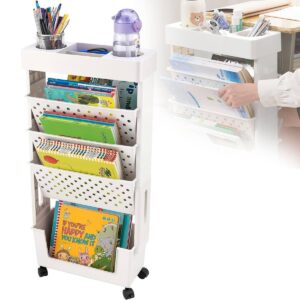 5 tier rolling file cart utility cart with wheels classroom deskside book shelf removable movable bookcase organizer for teachers documents organizers and storage bookshelf (white)