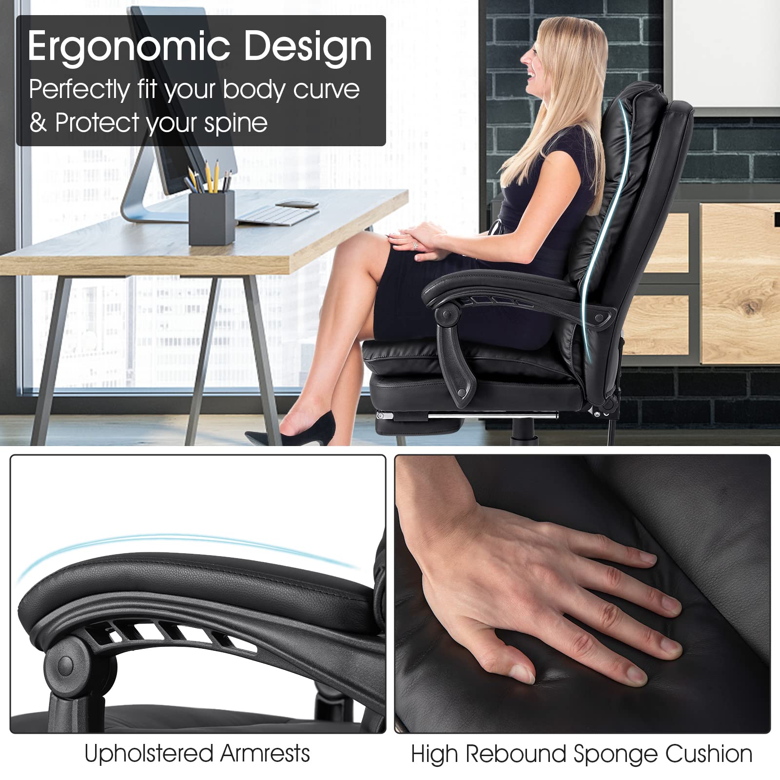 TOMANOR Office Chair with Foot Rest, Reclining Executive Office Chair PU Leather Home Office Desk Chair Comfy Managerial Computer Desk Task Chair Padded Armrests