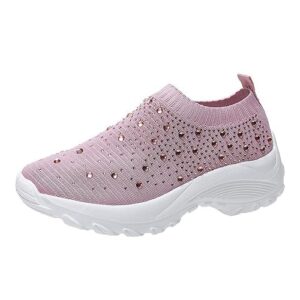 tokouk women's rhinestones glitter knitted mesh orthopedic sock sneakers,comfortable breathable slip on arch support walking shoes ultra-light non-slip loafers. (pink,8)