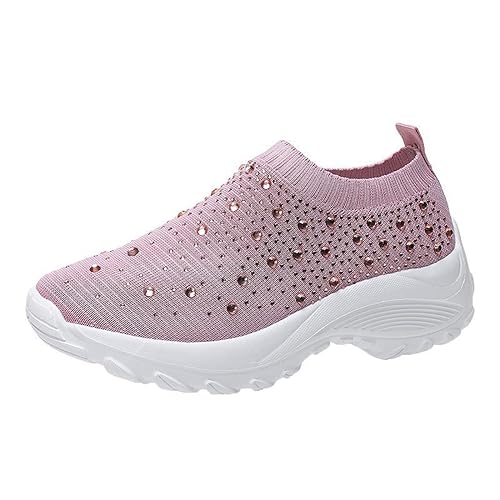 Tokouk Women's Rhinestones Glitter Knitted Mesh Orthopedic Sock Sneakers,Comfortable Breathable Slip On Arch Support Walking Shoes Ultra-Light Non-Slip Loafers. (Pink,8)