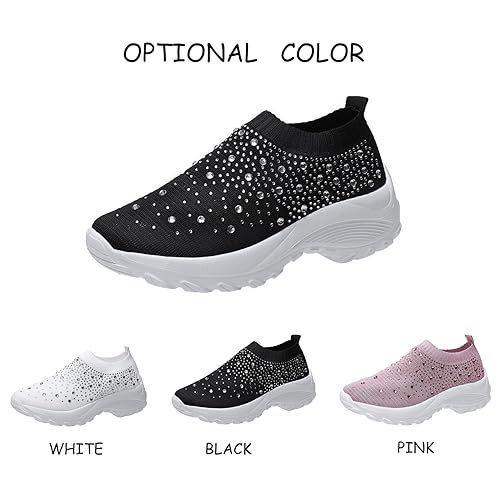 Tokouk Women's Rhinestones Glitter Knitted Mesh Orthopedic Sock Sneakers,Comfortable Breathable Slip On Arch Support Walking Shoes Ultra-Light Non-Slip Loafers. (Pink,8)