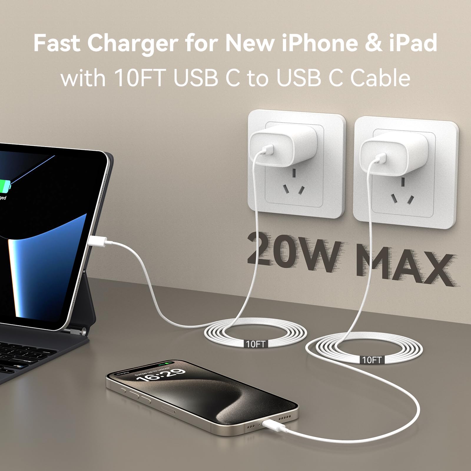 i Phone 15 Charger Fast Charging, iPad Charger 10 FT Long USB C to C Charging Cable Cord with 20W iPhone Fast Charger Block for iPhone 15/15 pro/15 pro max/15 Plus, iPad Pro11/12.9/air 5/4, Samsung