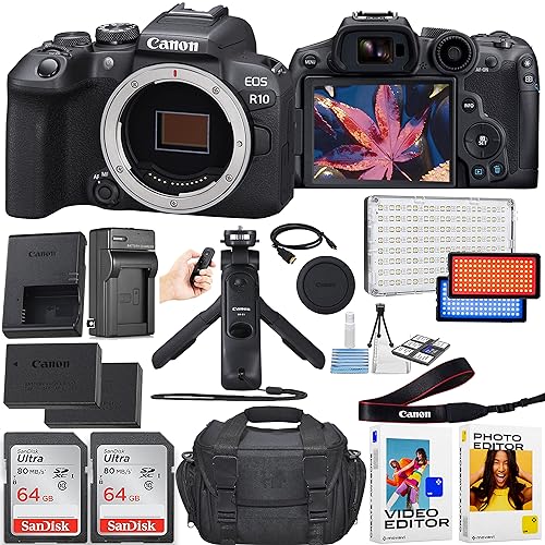 Canon EOS R10 Mirrorless Camera (Body Only) + Canon HG-100TBR Tripod Grip + 2pc 64GB Memory Cards + LED Video Light & More (Renewed)