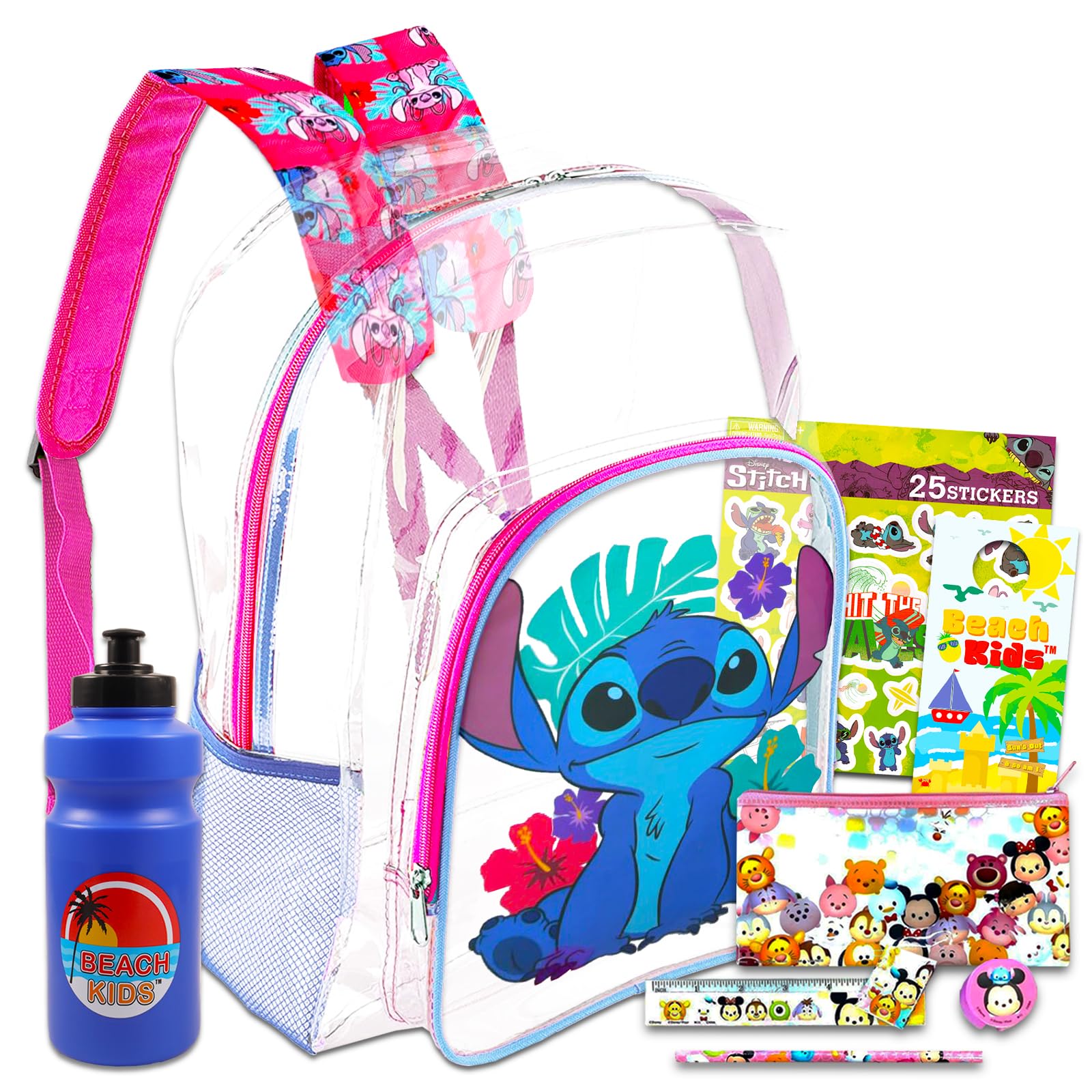 Lilo and Stitch Stitch Clear Backpack - Bundle Backpack for Girls 16 Inch, Stitch Stickers, More | Transparent Stitch Backpack for Kids School Supplies