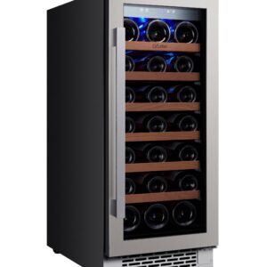 Ca'Lefort Wine Fridge, 15 Inch Wine Cooler Refrigerator with Seamless Stainless Grey Tempered Glass Door, Quiet Compressor Adjust Temp 40-65°F, Under Counter Wine Fridge 3.0 cu.ft - 33 Bottles