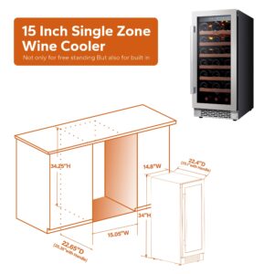 Ca'Lefort Wine Fridge, 15 Inch Wine Cooler Refrigerator with Seamless Stainless Grey Tempered Glass Door, Quiet Compressor Adjust Temp 40-65°F, Under Counter Wine Fridge 3.0 cu.ft - 33 Bottles