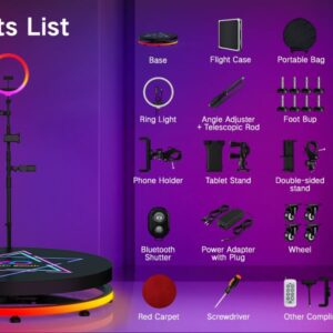 MBOBAO 360 Photo Booth Machine for Parties, 360 Video Booth Machine with RGB Ring Light,Free Custom Logo for Live Streaming Wedding Birthday Events (31.5in for 1-4 People+Flight Case)