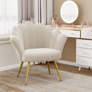 Alunaune Mid Century Velvet Living Room Chair Set of 2 Accent Chairs, Upholstered Vanity Chair for Makeup Room, Modern Barrel Arm Chair Guest Leisure Chair Comfy for Bedroom-Ivory