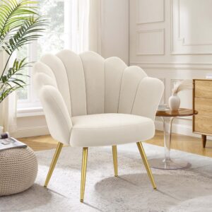 Alunaune Mid Century Velvet Living Room Chair Set of 2 Accent Chairs, Upholstered Vanity Chair for Makeup Room, Modern Barrel Arm Chair Guest Leisure Chair Comfy for Bedroom-Ivory