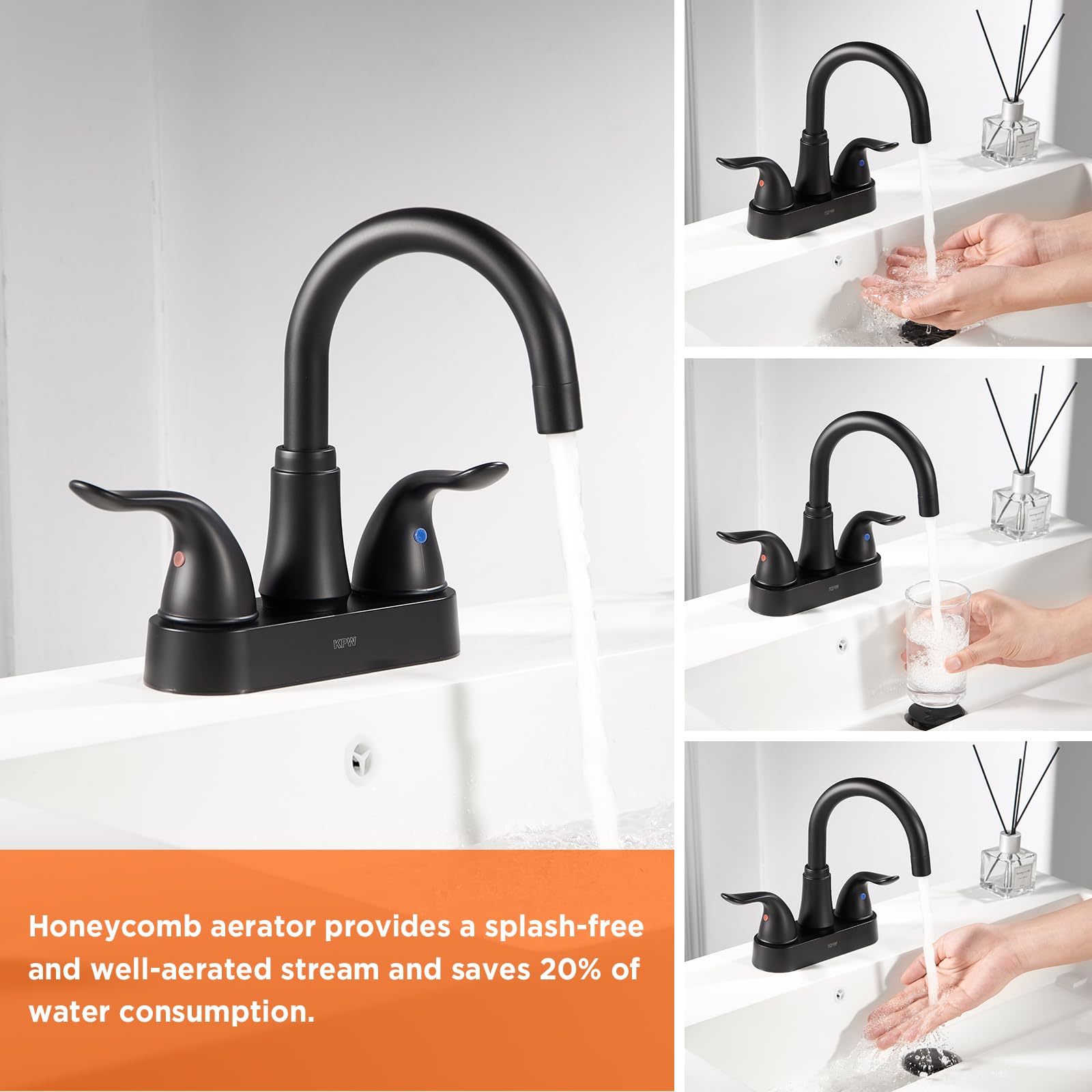 KPW Bathroom Sink Faucet 2 or 3 Hole Matte Black Centerset 4 Inch Bathroom Sink Faucet 2 Handle Plating Over ABS Plastic Non-Metallic Lavatory Bathroom Faucet with Pop up Drain Water Supply Hoses