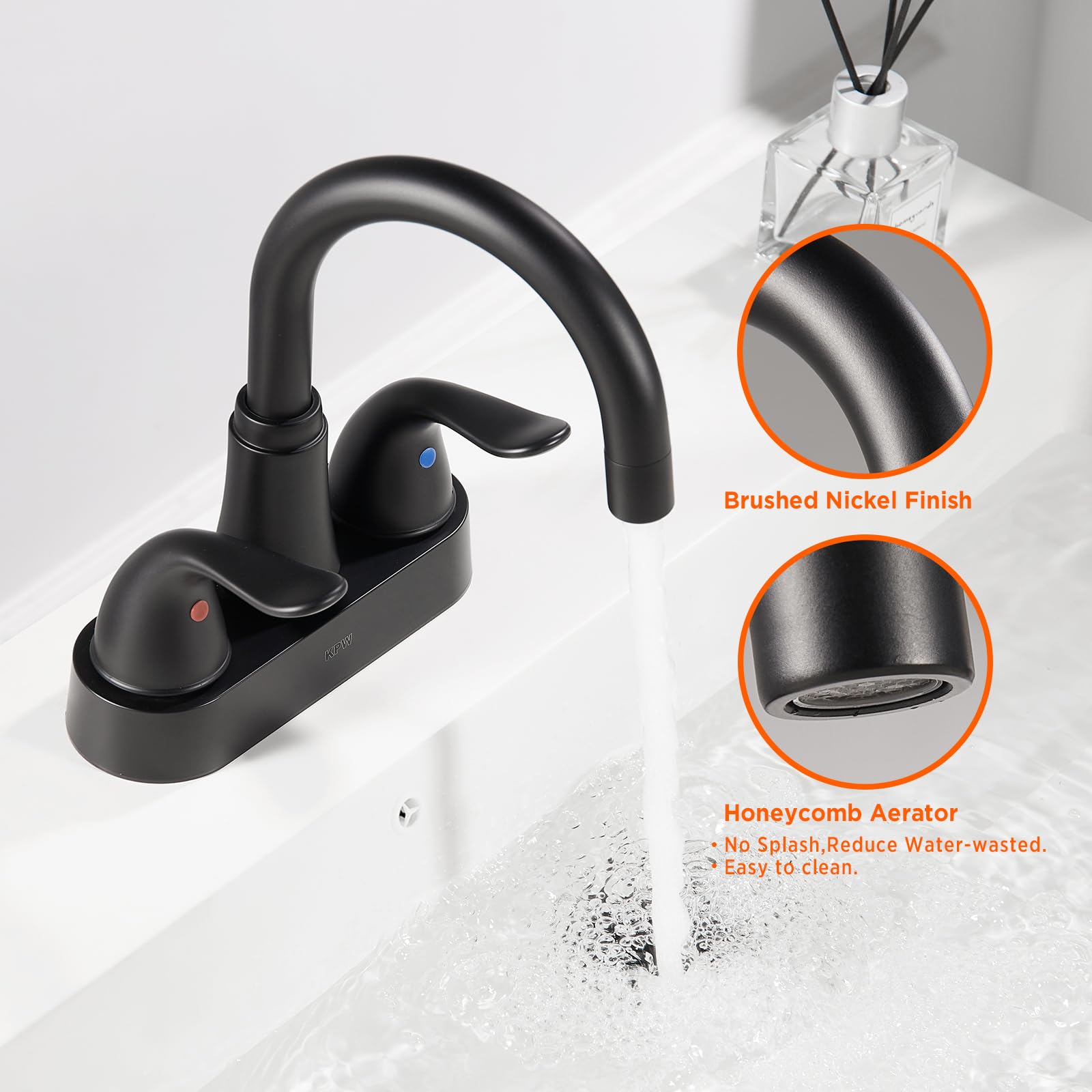 KPW Bathroom Sink Faucet 2 or 3 Hole Matte Black Centerset 4 Inch Bathroom Sink Faucet 2 Handle Plating Over ABS Plastic Non-Metallic Lavatory Bathroom Faucet with Pop up Drain Water Supply Hoses