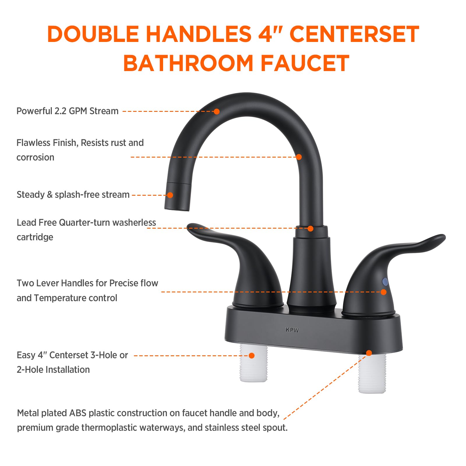 KPW Bathroom Sink Faucet 2 or 3 Hole Matte Black Centerset 4 Inch Bathroom Sink Faucet 2 Handle Plating Over ABS Plastic Non-Metallic Lavatory Bathroom Faucet with Pop up Drain Water Supply Hoses