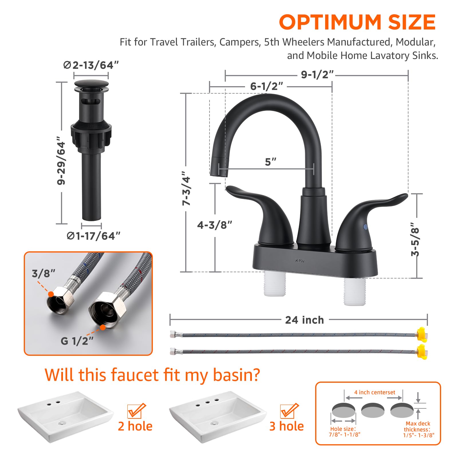 KPW Bathroom Sink Faucet 2 or 3 Hole Matte Black Centerset 4 Inch Bathroom Sink Faucet 2 Handle Plating Over ABS Plastic Non-Metallic Lavatory Bathroom Faucet with Pop up Drain Water Supply Hoses