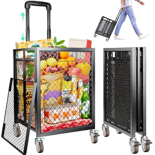 Foldable Utility Cart with Wheels, Rolling Storage Collapsible Shopping Carts Heavy Duty Grocery Cart on Wheels, Rolling Crate with Wheels for Teachers, Home, Shopping, Moving, Office Use